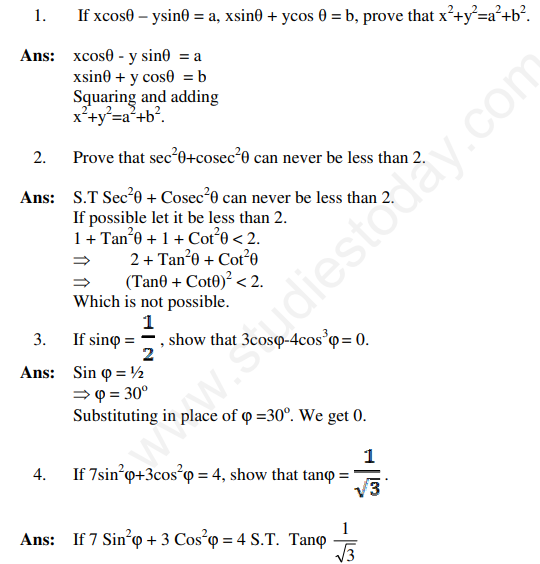 CBSE Class 10 Mathematics Trigonometry Assignment Set C